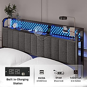 ADORNEVE Queen Bed Frame with LED Lights Headboard & 4 Storage Drawers, Upholstered Platform Bed with Outlets & USB Ports, LED Bed Frame with Storage Headboard, No Box Spring Needed,Dark Grey
