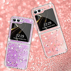 MOWIM Compatible Samsung Galaxy Z Flip 5 for Women Girls, Stylish Pretty Glitter Crystal Bling Sparkly Anti-Scratch Shockproof Protective Phone Cover for Samsung Galaxy Z Flip 5-Pink