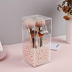 Jucoan Clear Acrylic Makeup Brush Holder with Lid, Pink Pearls, Cosmetic Makeup Brushes Holder with Cover, Brush Storage Organizer Case for Bathroom, Bedroom, Vanity, Countertop