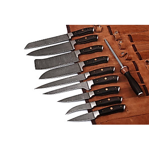randy Handmade Damascus Kitchen Chef Knife Set - Professional Damascus Steel Knife Set - 10 pcs Japanese Damascus Knife Set With Leather Bag/Case(10801)
