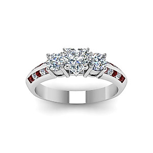 CaratYogi 3 Stone Channel Accent Diamond Ring Sterling Silver Created Ruby Heart Shape Red Color 3 Stone Engagement Rings Channel Setting in Size 7 Party Wear Daily Wear Ornament
