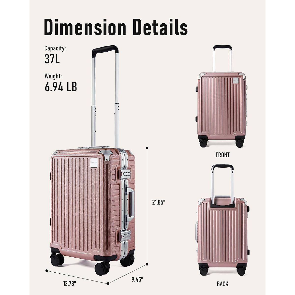 FIGESTIN Carry on Luggage Airline Approved, Aluminum Frame Hard Shell Suitcases with Wheels,100% PC Lightweight, No Zipper Suitcase TSA Approved, 20" Carry-On(Rose Gold)