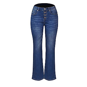 Akivide Womens Button Fly Stretchy Skinny Mid Waist Bootcut Jeans Flared Bell Bottom Demin Pants Deep Blue