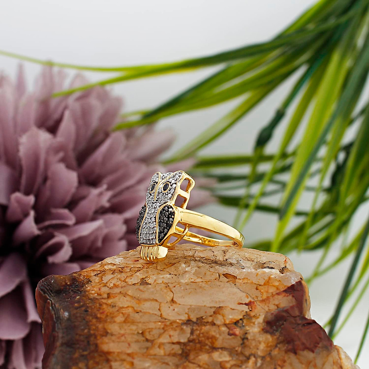 AFFY 1/4 Carat Round Cut Black And White Natural Diamond Owl Ring In 14K Yellow Gold Over Sterling Silver (0.25 Cttw, I2-I3 Clarity) Ring Size-8