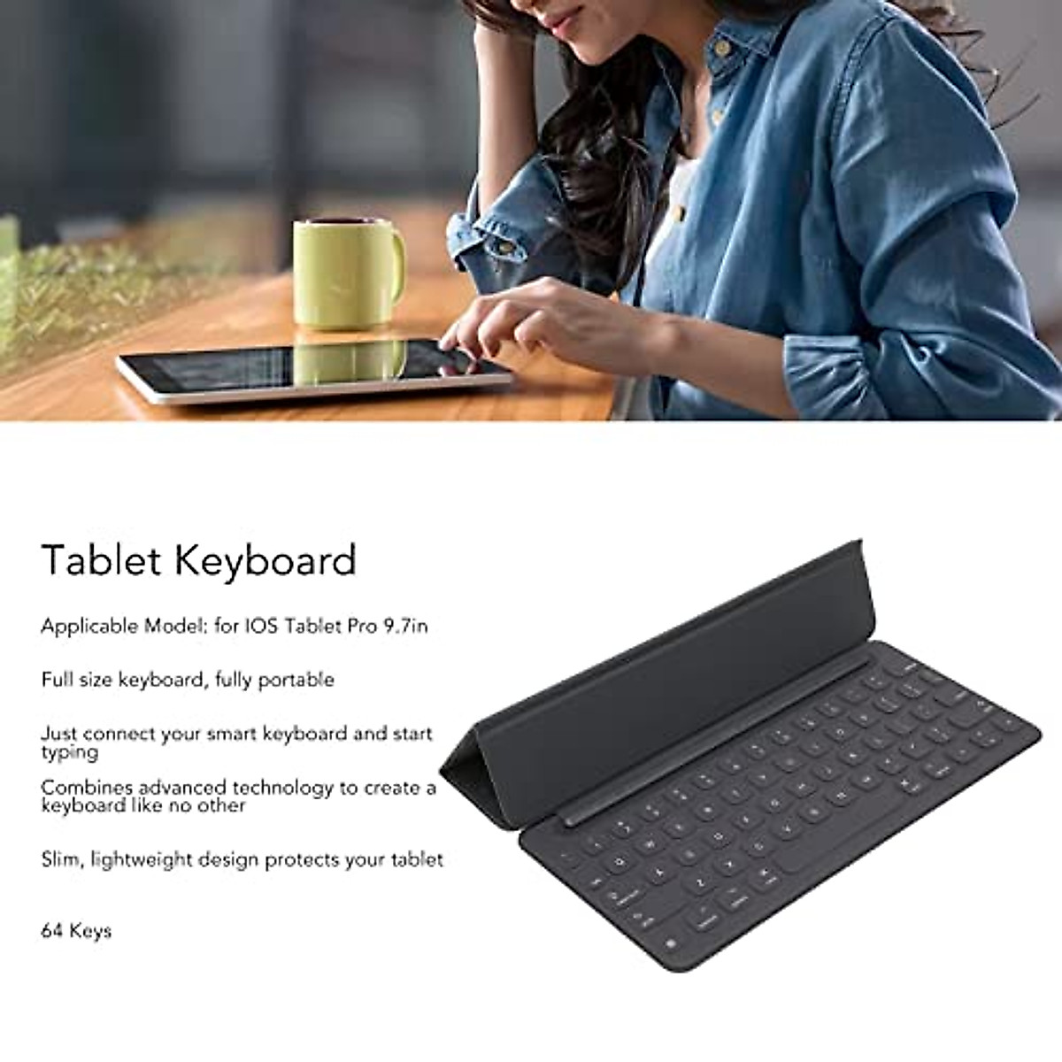 Sanpyl Tablet Keyboard, 64 Keys Ultra Slim Full Size Keyboard Plug and Play Wireless Smart Keyboard for iOS Tablet Pro 9.7in