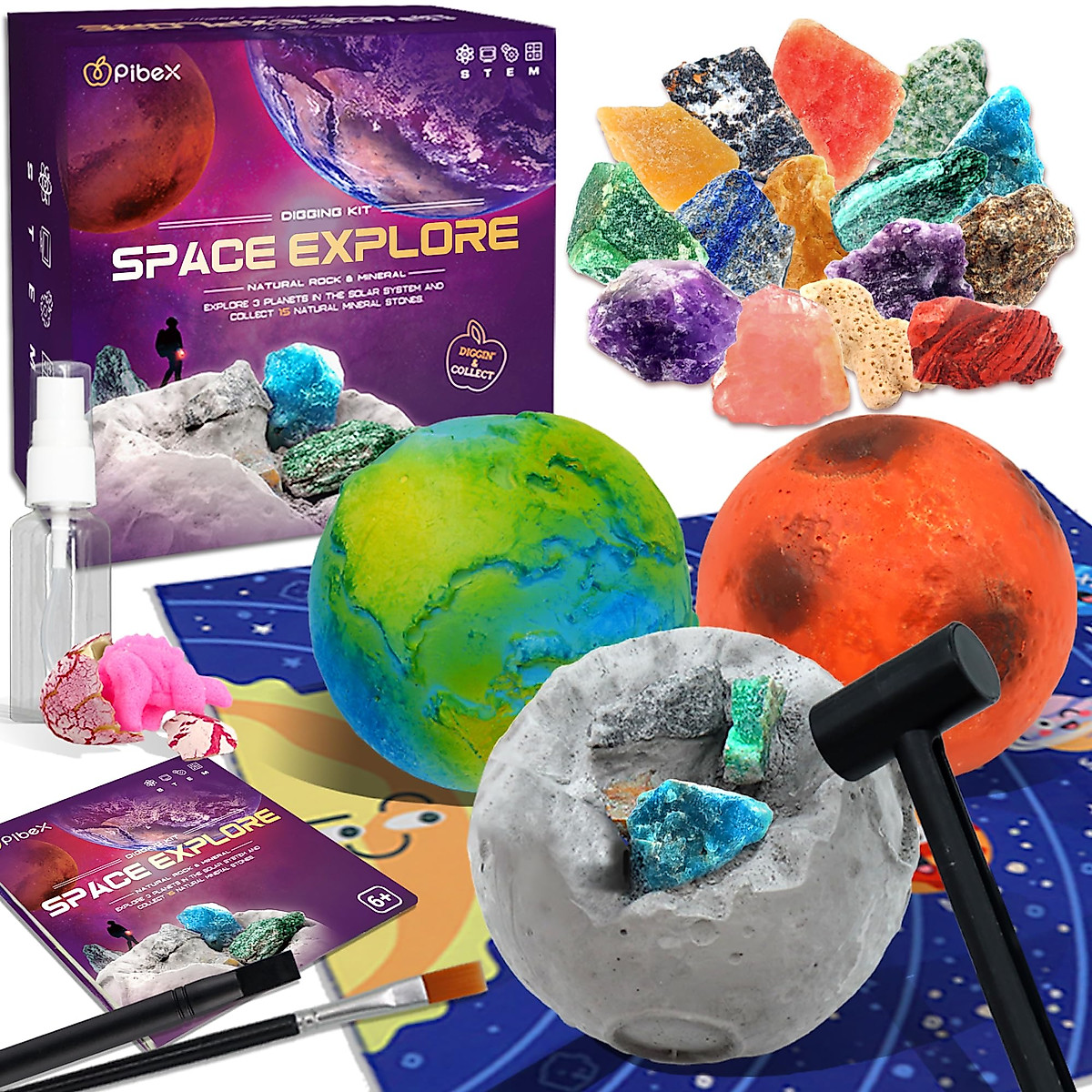 Gemstone Dig Kit, PIBEX 3-IN-1 Solar System Excavating Set, Dig up 15 Genuine Rocks & Minerals, Planets Explore Experiment STEM Project Toy Gift for Boy & Girl, Stone Mining Science Kit for Kid 6-8-12