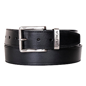 Nautica Men Casual and Dress Leather Belt with Metal Buckle, Engraved Keeper-Black, 34"