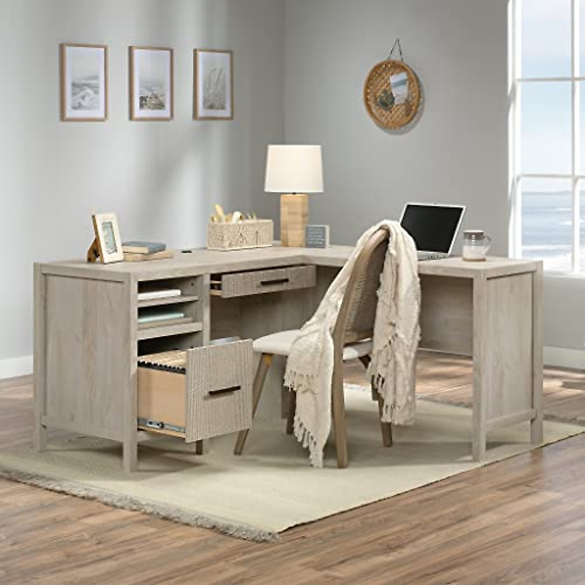 Sauder Pacific View L-Desk, L: 58.47" x W: 58.43" x H: 29.92", Chalked Chestnut Finish