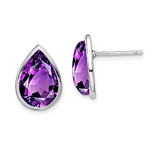 JewelryGift 925 Sterling Silver Natural Amethyst Purple Teardrop Pear Shaped Bezel Set Stud Earrings For Women friction-back Jewelry