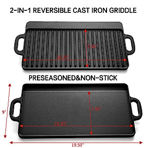 Keleday 20 Inch Cast Iron Griddle Pre-Seasoned Cast Iron Reversible Grill Griddle Pan with Two Handles Square Grill Pan for Stove top Oven and Camping Fire Indoor and Outdoor Use