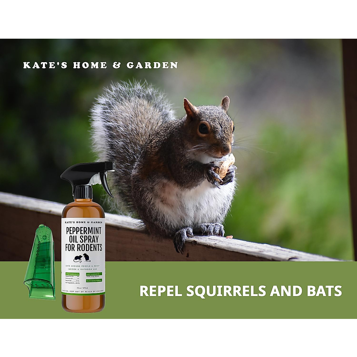 Kate's Home & Garden Peppermint Oil Spray for Rodents, Mice, Squirrels with Humane Trap. Rodent Repellent Indoor for Car Engines & Outdoor (16oz, Non Toxic)