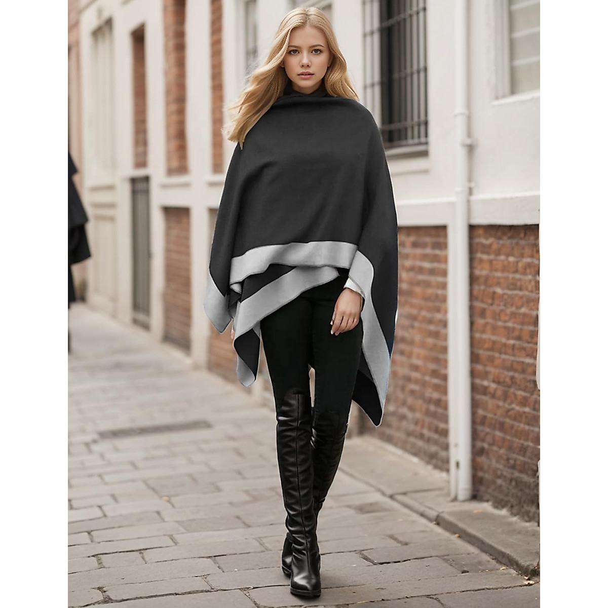 OWIF Women's Shawl Wraps Open Front Poncho Cape Oversized Sweaters Casual Cardigan Shawls for Fall Winter, Border Design-01-Black Gray