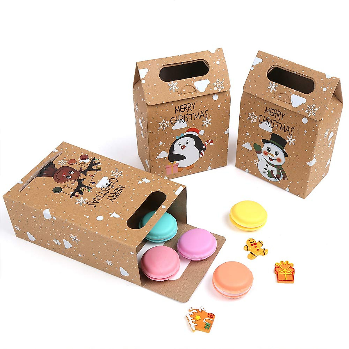 CCINEE 24 PCS Christmas Kraft Paper Bags, Kraft Cookies and Candy Bags Santa Claus Reindeer Xmas Folding Kraft Bags for Kids Party Favor Holiday New Year