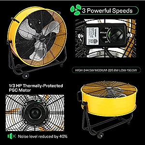 VIVOSUN Industrial Tilt Drum Fan 24” Heavy Duty High Velocity Floor Standing Fan 3 Speed Air Circulation for Basement Warehouse Factory, ETL Certified
