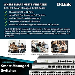 D-Link 52-Port Gigabit Smart Managed Switch | 48 GbE + 4 Combo SFP Ports | L2+ | Static Routing | VLANs | Cable Diagnostics | Web Managed | Rackmount | NDAA Compliant | Lifetime Warranty (DGS-1210-52)