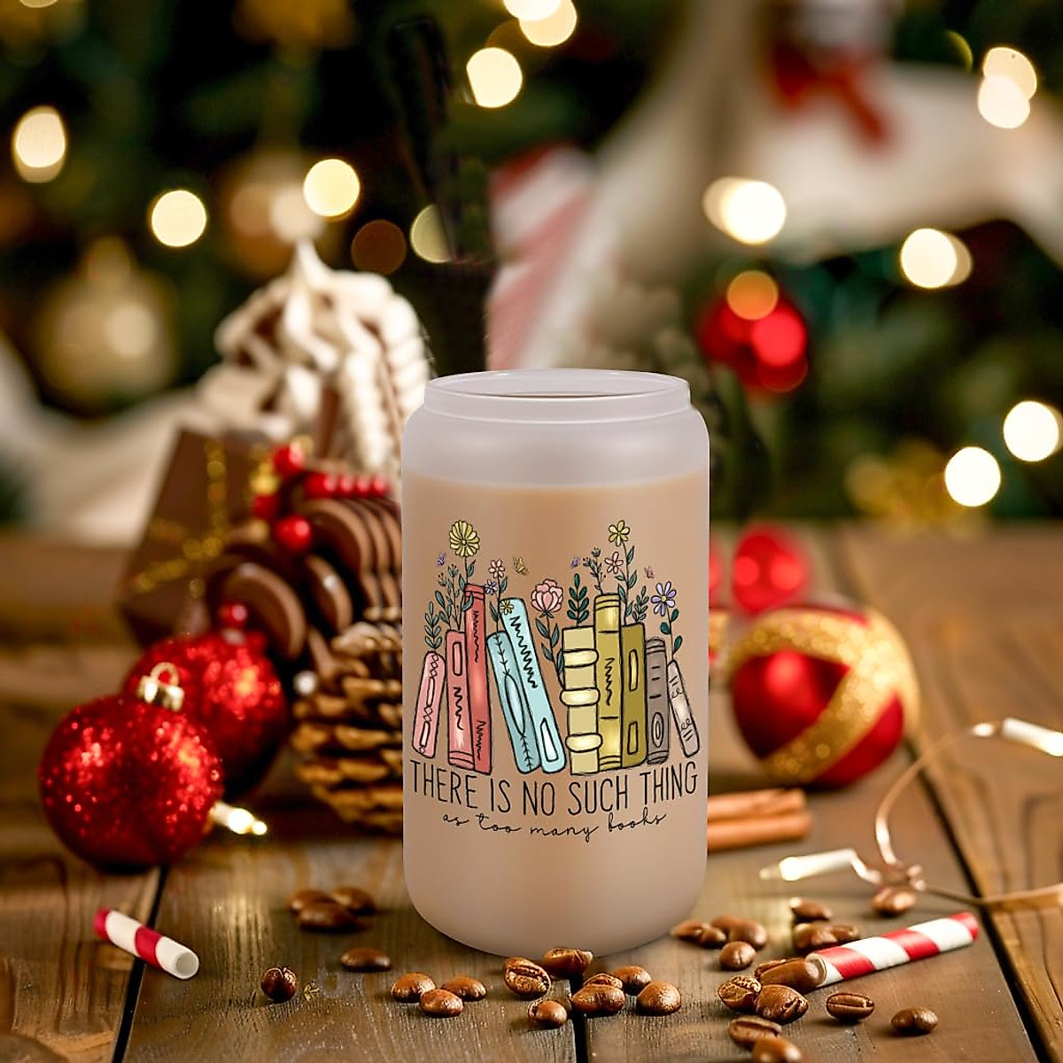 LEADO 16 oz Glass Cups with Lid and Straw - Book Gifts, Book Lovers Gifts - Bookish Gifts, Birthday, Christmas Gifts for Book Lovers, Readers, Bookworm - Book Themed Gifts, Book Accessories