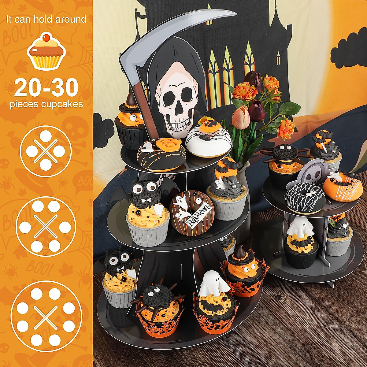Halloween Cupcake Stand for 24 Cupcakes, Death and Tombstone Halloween Cupcake Decorations, Cardboard Cupcake 3 Tier and 2 Tier Set, Halloween Party Supplies. (Death)
