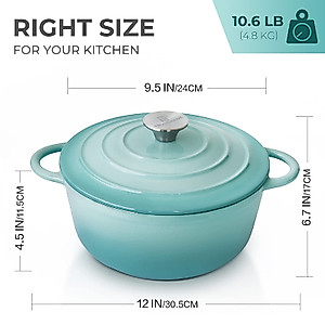 Trustmade 4.5 QT Cast Iron Dutch Oven, Enamel Coated Cookware Pot with Self Basting Lid for Home Baking, Braiser, Cooking, Aqua