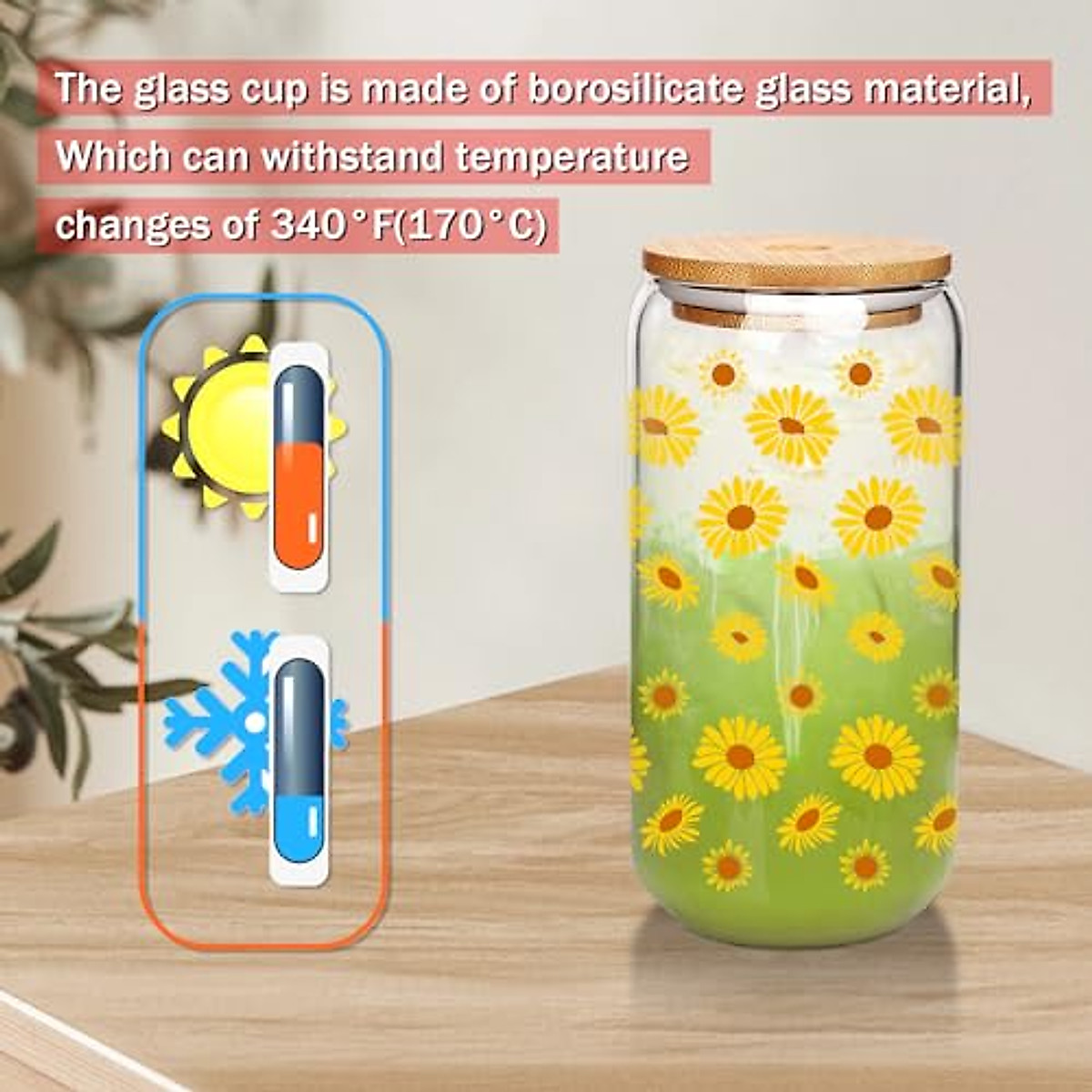 Sunflower Gifts for Women, Glass Cups with Lids and Straws, 18OZ Glass Cups, Drinking Glasses, Iced Coffee Glasses Cup, Smoothie Cups, Tumbler Glass, Reusable Cup Drinking Glasses -Set of 1