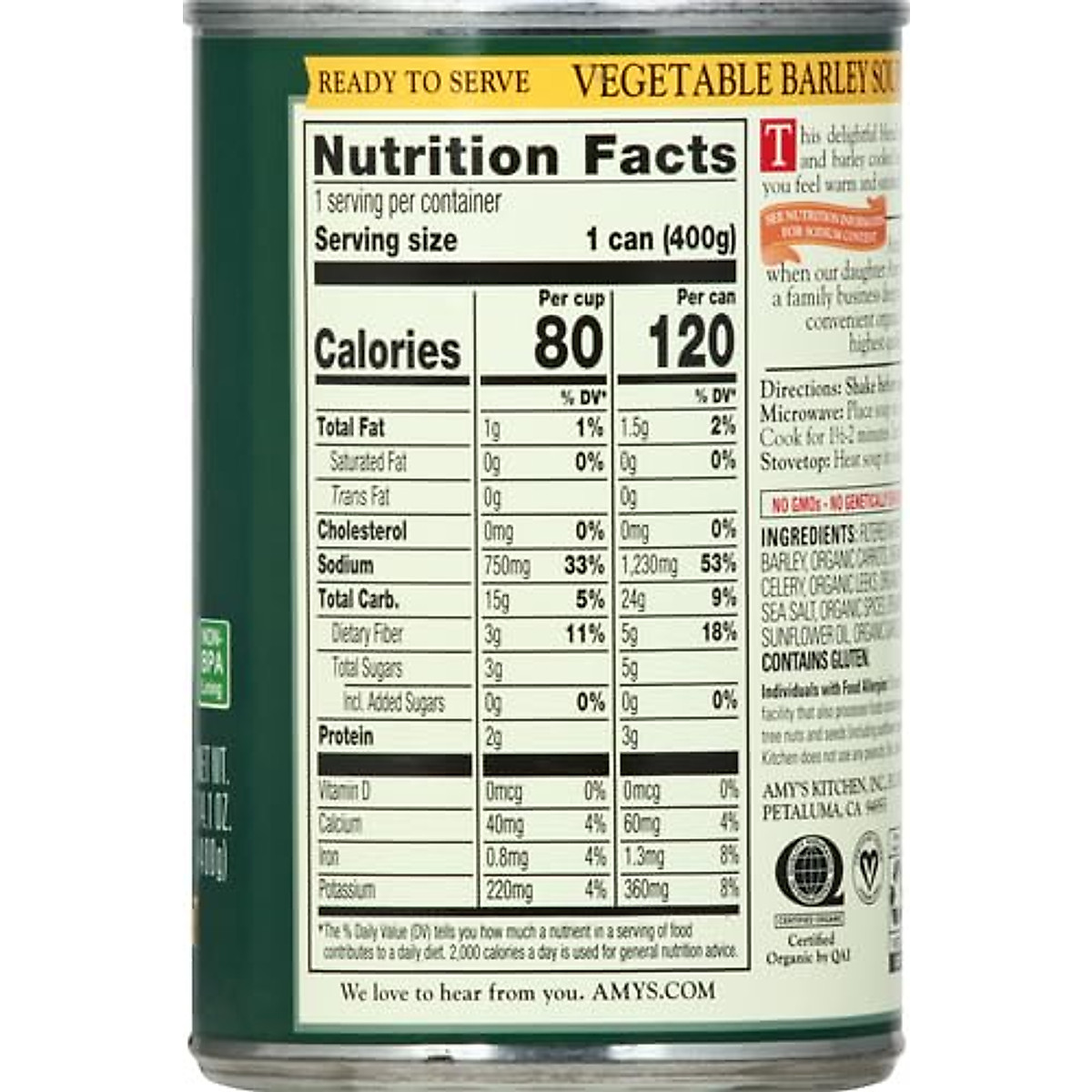 Amy’s Soup, Vegan Vegetable Barley Soup, Low Fat, Made With Organic Tomatoes, Carrots and Celery, Canned Soup, 14.1 Oz