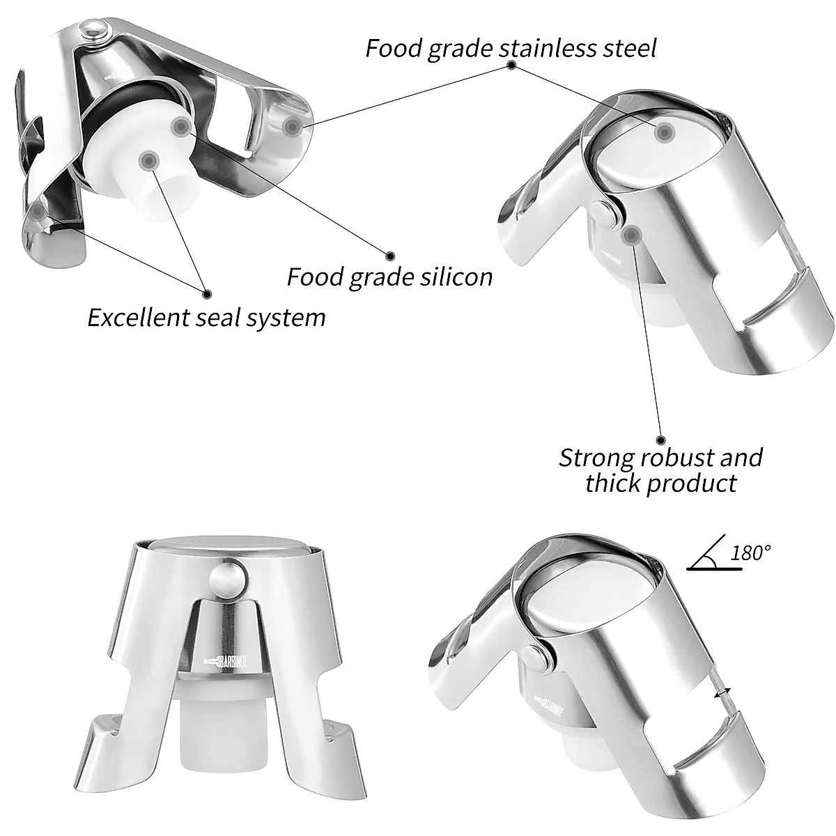 3-PACK BarBinge Champagne Cork Stopper Cap Portable Sparkling Wine Bottle Prosecco Cava Stainless Steel Sealer Plug Clamps Bar Kitchen Gadget