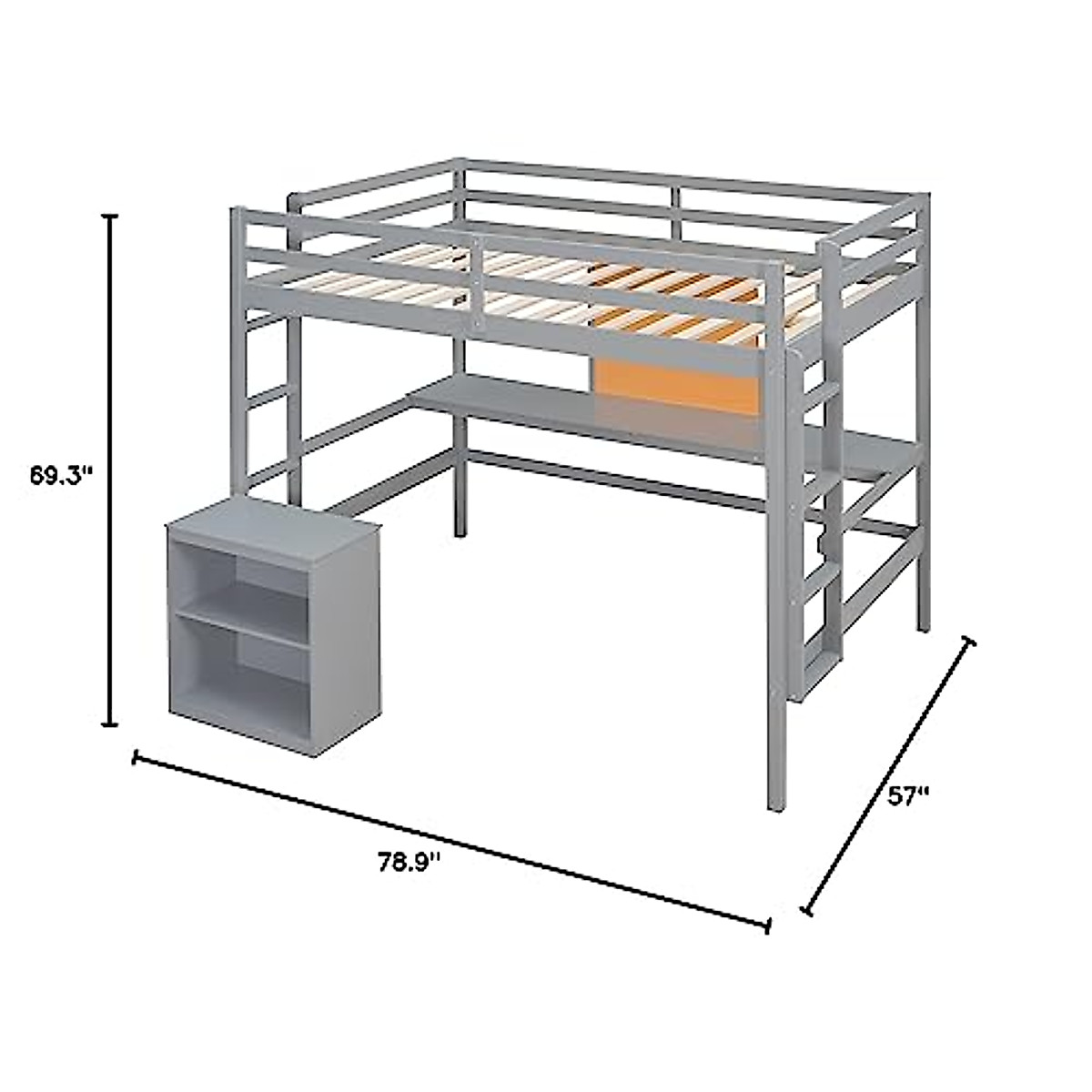 Lifeand Full Size Loft Bed with Desk and Writing Board, Wooden Loft Bed with Desk & 2 Drawers Cabinet,Gray