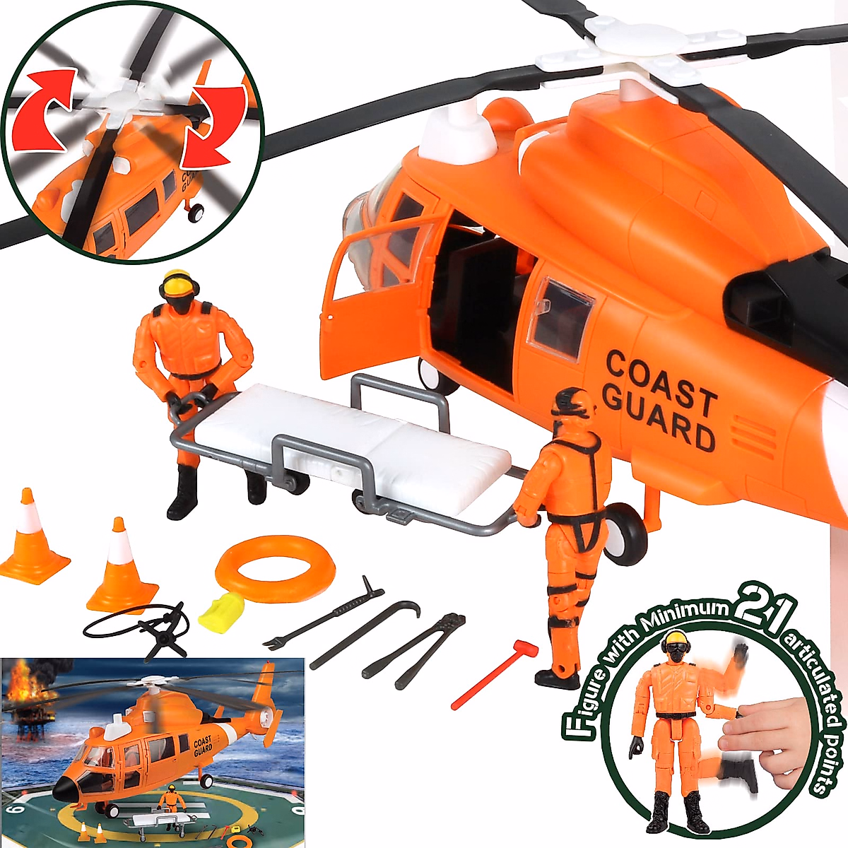 Click N' Play Toy Helicopter Set, Coast Guard Rescue Helicopter for Kids, 13-Piece Play Set Including Coast Guard Action Figures & Accessories, Orange
