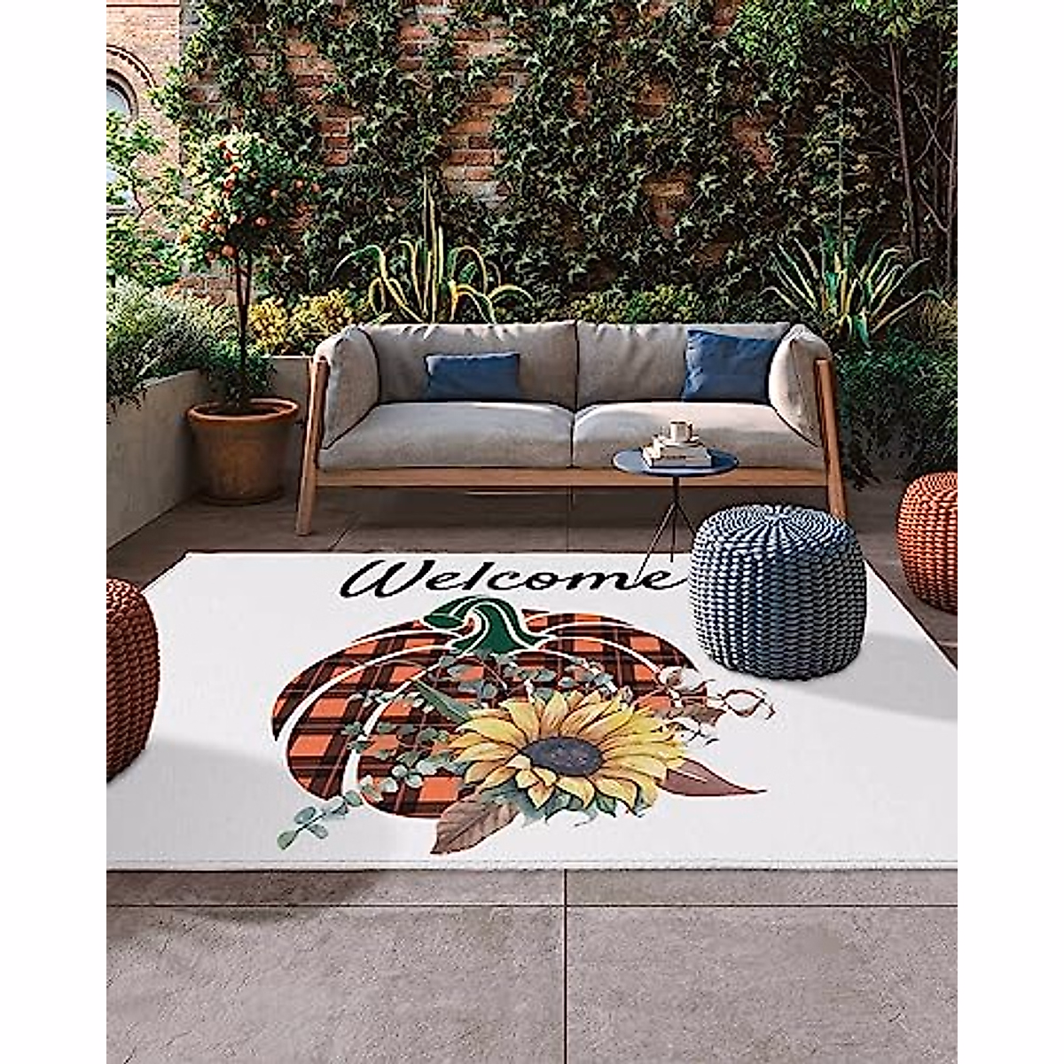 Farm Thanksgiving Buffalo Plaid Pumpkin Sunflower Cotton Outdoor Area Rug 4x6ft,RV Camping Rugs White Outside Mat Rubber Backing Carpet for Indoor Outdoor Patio Deck Porch Balcony