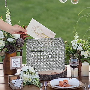 MDLUU Wedding Card Holder Box, Treasure Chest Wedding Money Box with Heart Shaped Lock, Crystal Bead Card Receiving Box for Wedding, Birthday, Graduation (Silver)