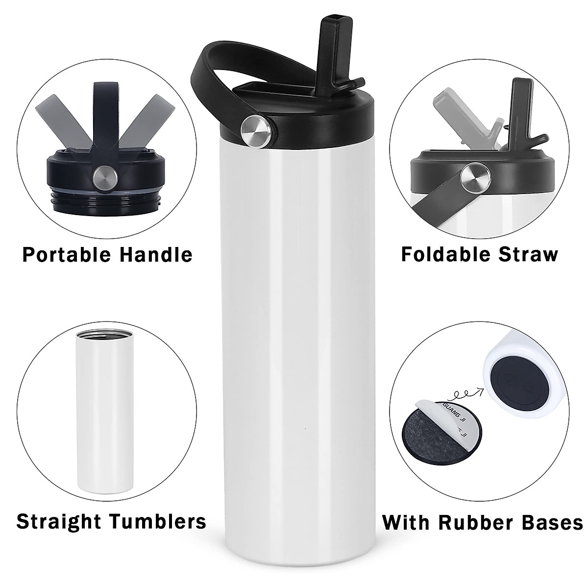 Micellwuu 8 Pack Sublimation Tumbler Bulk 20oz Skinny Straight, Sublimation Sport Water Bottles Double Wall Stainless Steel Tumblers for Sublimation with Portable Handle, Individually Boxed
