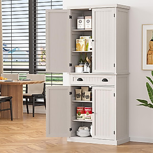 Function Home 72" Kitchen Pantry Cabinet, Tall Storage Cabinet, Freestanding Cupboard with Drawer and Adjustable Shelves, Pantry Cabinets for Kitchen Bathroom Living Room, White