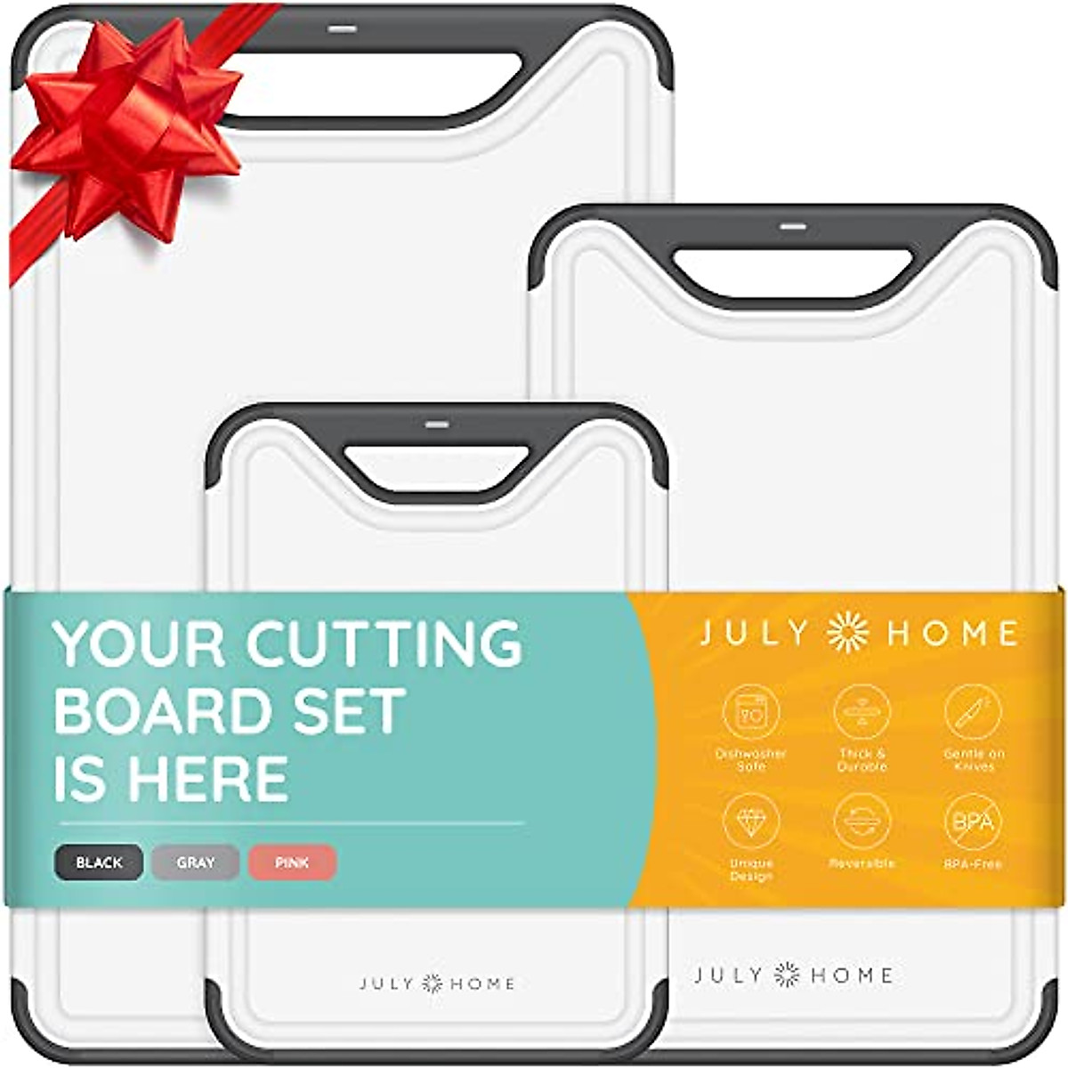 Cutting Boards for Kitchen - Plastic Cutting Board Set of 3, Dishwasher Safe Cutting Boards with Juice Grooves, Thick Chopping Boards for Meat, Veggies, Fruits, Easy Grip Handle, Non-Slip (Black)