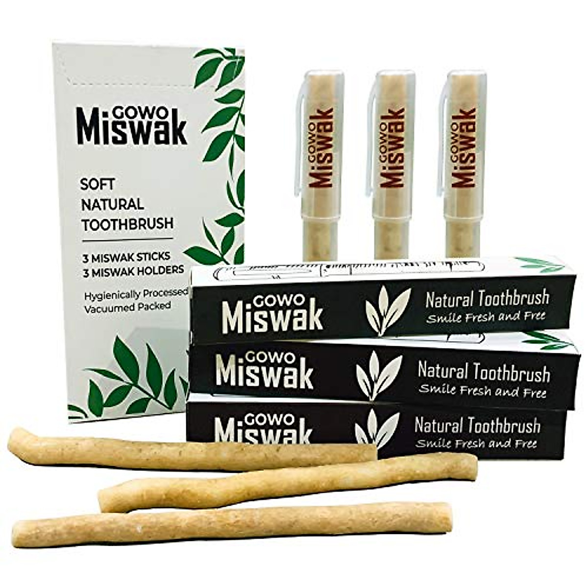 GOWO 3 Pack Miswak Sticks and Holders - Natural Teeth Whitening Kit - Natural Toothbrush - No Toothpaste Needed - Herbal Teeth Whitener and Breath Freshener - (Includes 3 Sticks and 3 Holders)