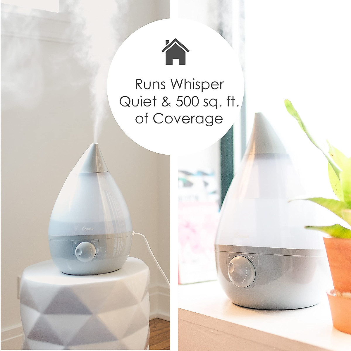 Crane Ultrasonic Cool Mist Humidifier for Bedroom, Baby Nursery, Kids Room, Plants, or Office, Large 1 Gallon Tank, Filter Optional, Grey