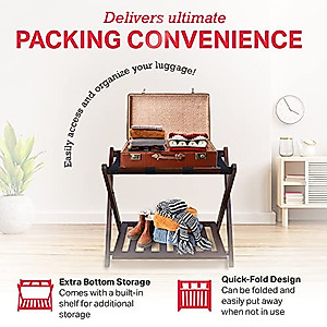 Stony Edge folding luggage rack for guest room Perfect sized 26.75”x16”x22.25” with Extra Shelf Storage - Suitable for Luggage, Suitcase and Shoes (WALNUT)