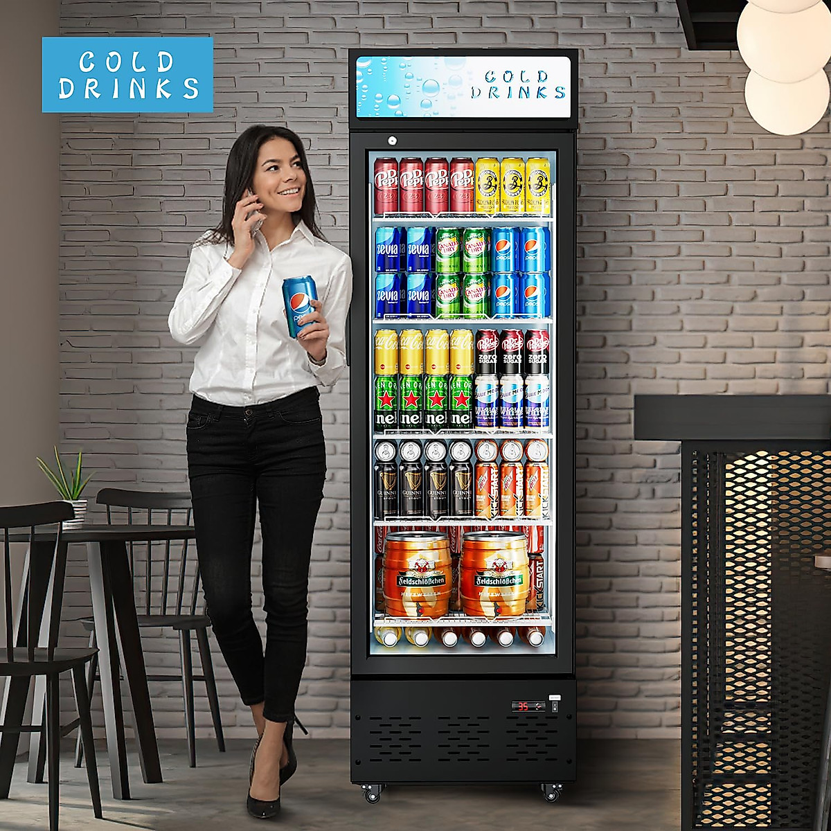 FreezLabs Glass Door Refrigerator Commercial Beverage Refrigerators with LED Light, 12 cu.ft and 5 Shelves, Display Refrigerator for Cafe Restaurant Store Bar, ETL/NSF Approved