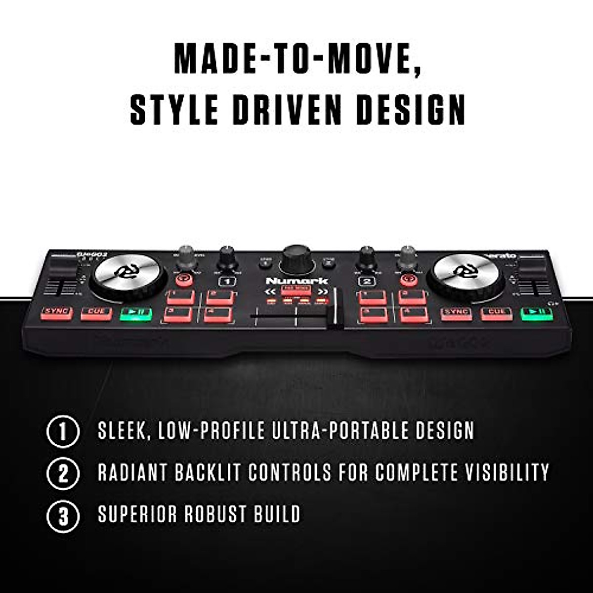 Numark DJ2GO2 Touch – Compact 2 Deck USB DJ Controller For Serato DJ with a Mixer / Crossfader, Audio Interface and Touch Capacitive Jog Wheels,Black