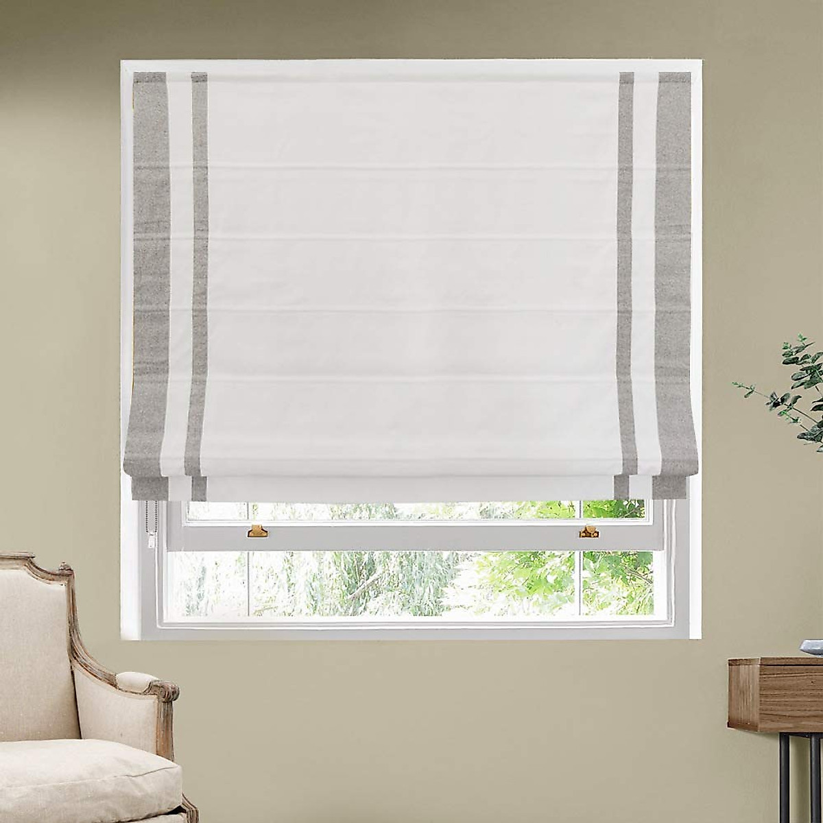 Roman Shades White Gray Border Blackout & Light Filtering Custom Blinds
