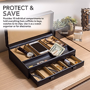 Stock Your Home Mens Valet Tray, Men's Jewelry Box, Night Stand Organizers and Storage, Bedside Table Organizer, Watch Box for Dresser, Faux Leather (Black & Beige)