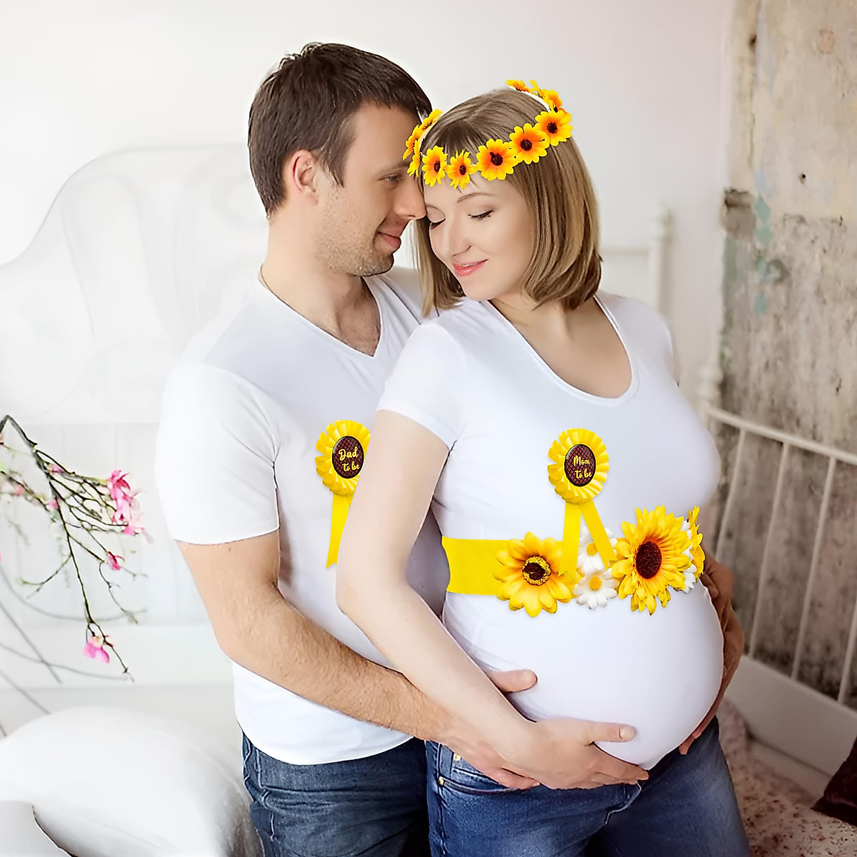 R HORSE Sunflower Maternity Sash Mom to Be & Daddy to Be Corsage Wreath Headdress Decoration Spring Summer Baby Shower Kit Party Favors Baby Boy Pregnancy Photo Prop Gift