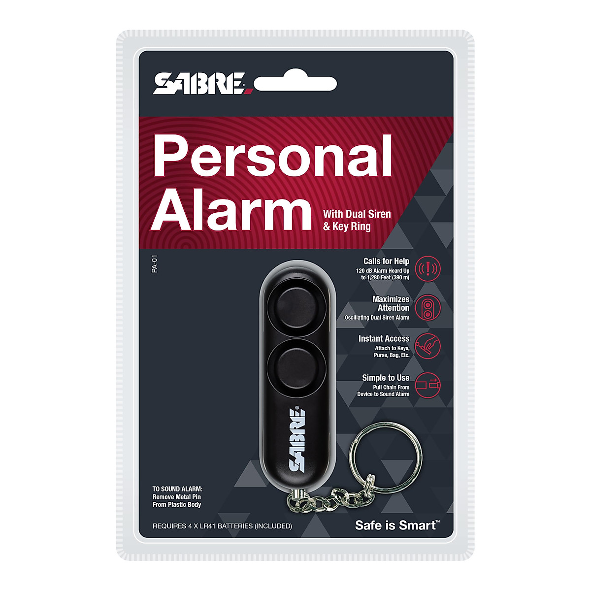 SABRE Personal Alarm With Key Ring, 120dB Alarm, Audible Up To 1,280 Feet (390 Meters), Simple Operation, Reusable, Black