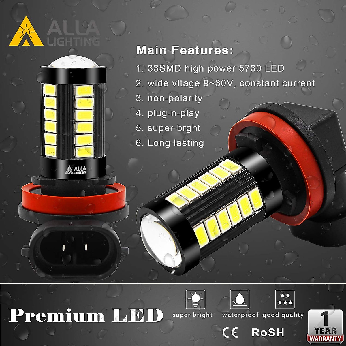 Alla Lighting Super Bright H8 H11 LED Fog Lights Bulbs or DRL, 6000K Xenon White H16 H11LL H8LL H1155 Replacement, 2800 Lumens 5730 33-SMD 12V for Cars, Trucks, SUVs, Vans