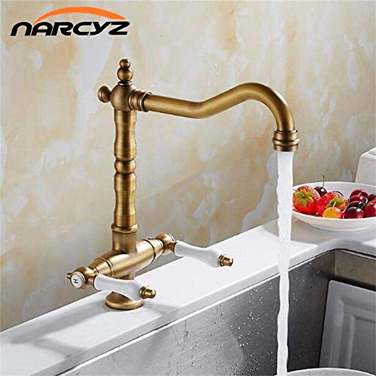Y-LKUN 360 Degree Swivel Solid Brass Antique Bathroom Mixer Cold and Hot Kitchen Tap Single Hole Water Tap Kitchen Faucet