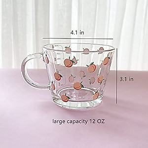 yaocoral 12 OZ Kawaii Mug Peach Glass Cup with Measurements,Glass Coffee Mug Cup with Handle for Coffee,Latte,Juice,Milk,Yogurt,Dessert,Tea,Breakfast Oatmeal Cup(clear 2)