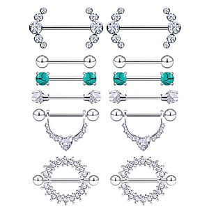 Dyknasz 14G Nipple Rings for Women Surgical Steel Nipple Piercing Jewelry Nipple Shield Barbell Ring Bar Clear Diamond CZ Set Silver-Tone