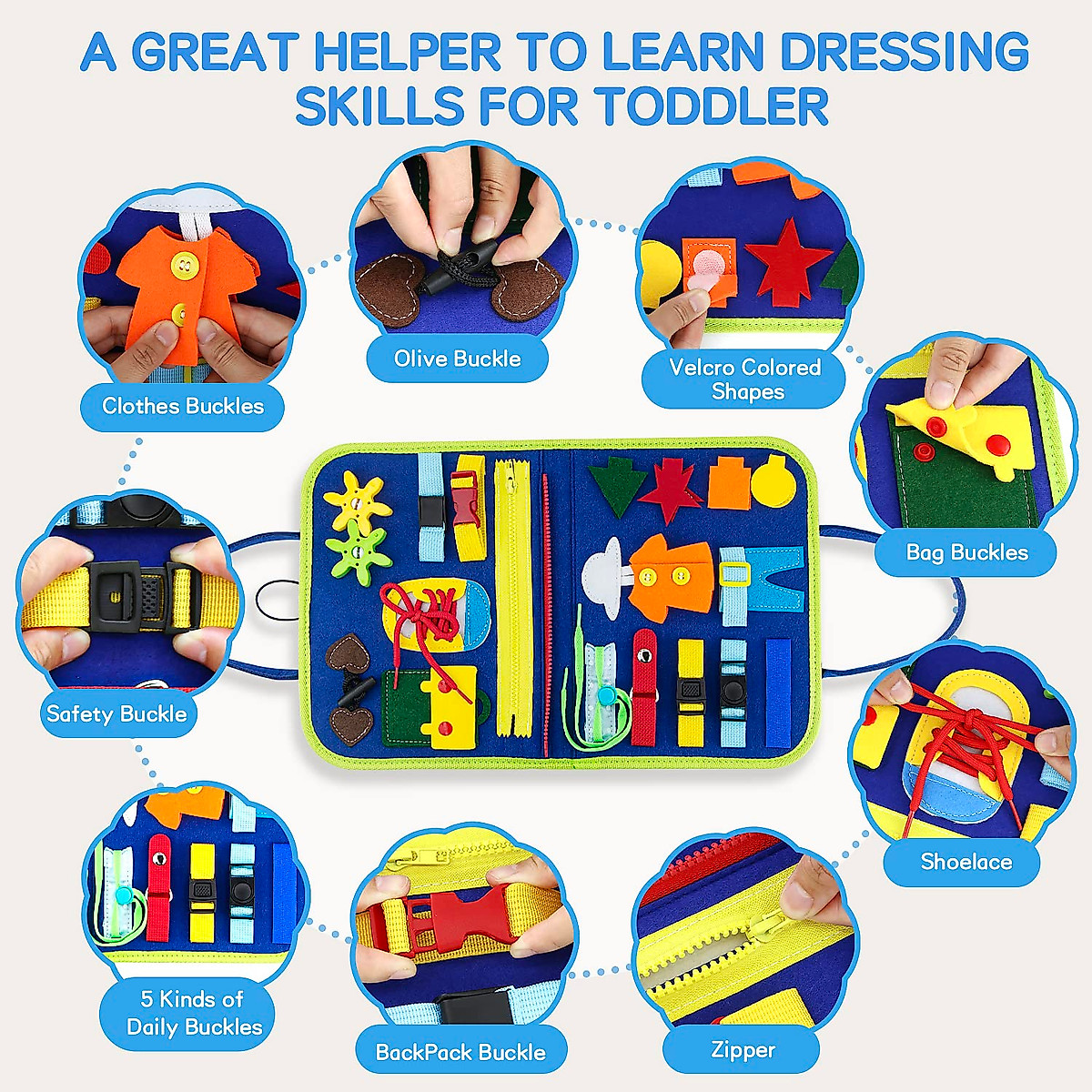 Busy Board Montessori Sensory Toys for Toddlers 1 2 3 4 5 Year Old Boys Girls, Preshool Educational Activity Toy Early Learning Busy Board for Fine Motor Skills, Travel Toys for Plane Car, Blue