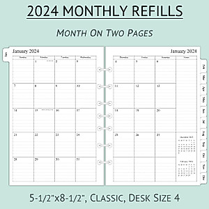 2024 Monthly Planner Refill 5-1/2" x 8-1/2", Runs from January 2024 to December 2024, Two Pages Per Month, Desk Size 4, 7-Hole Punched