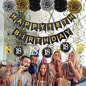 Luxiocio Happy 18th Birthday Party Decorations Supplies Kit - 19Pcs - 1Pcs Happy 18th Birthday Banner, 12Pcs Sparkling Hanging Swirl, 6Pcs Poms - 18 Year Old Birthday Decorations for Girls & Boys