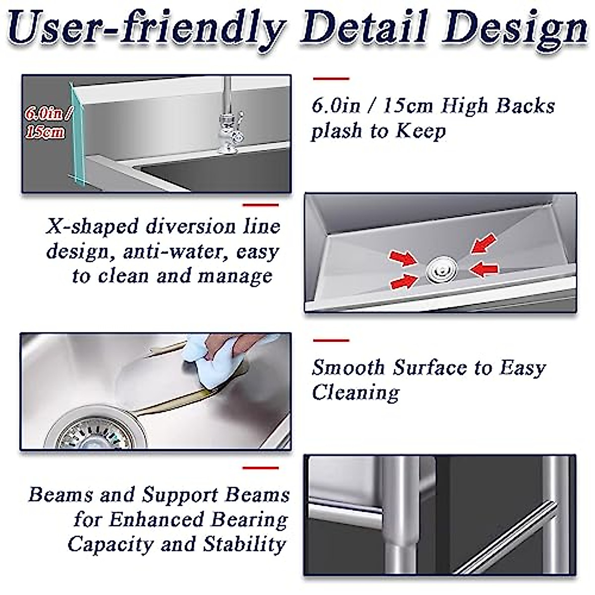 IOXGSGI Commercial 304 Stainless Steel Sink 2 Compartment Free Standing Utility Sink with Faucet Drain Basket Shelf, for Garage, Restaurant, Kitchen, Laundry Room, Outdoor