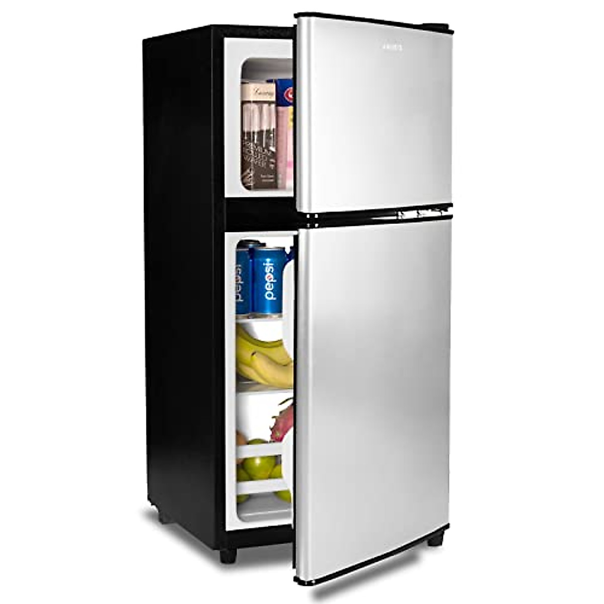 Anukis Compact Refrigerator 3.5 Cu Ft 2 Door Mini Fridge with Freezer For Apartment, Dorm, Office, Family, Basement, Garage, Silver